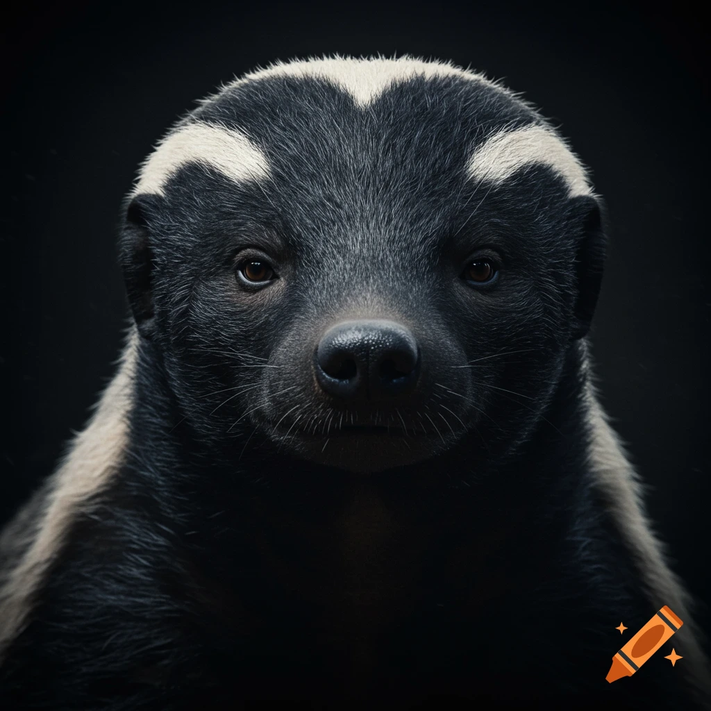 Photorealistic close-up portrait of a honey badger with detailed fur ...
