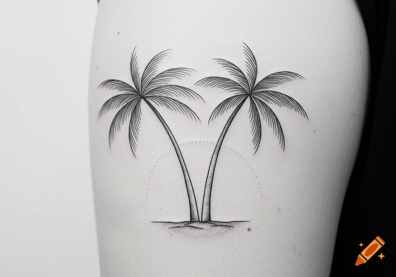 A minimalist black and white tattoo design of two palm trees with fine ...