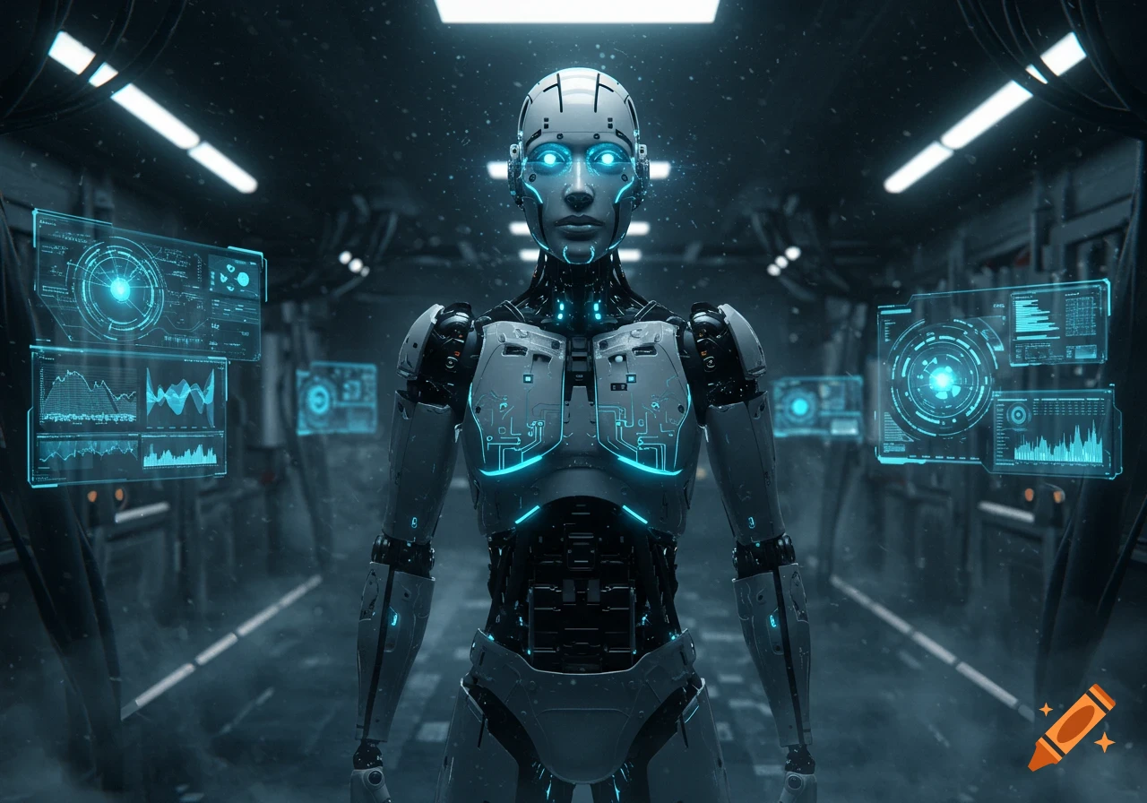 A humanoid robot with a metallic body and glowing blue eyes stands in a ...