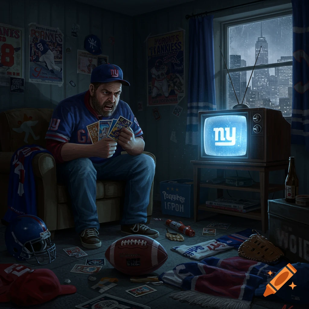 A cartoon man in a blue football jersey with the number 7 sits on a ...