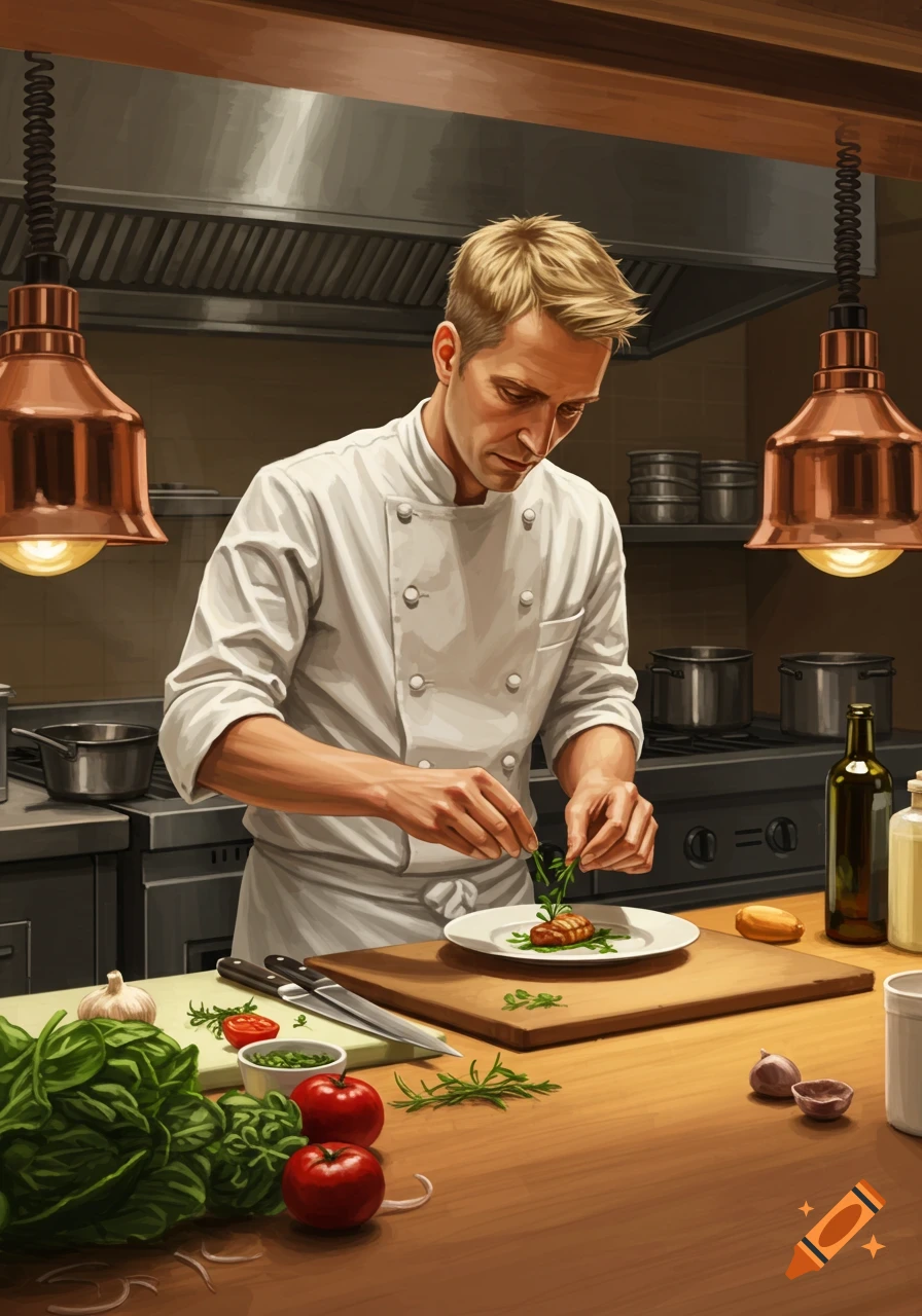 A blonde male chef garnishes a dish in a professional kitchen with ...