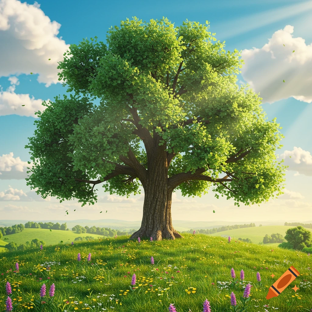 A vibrant cartoon tree with a gnarled trunk and green foliage adorned ...