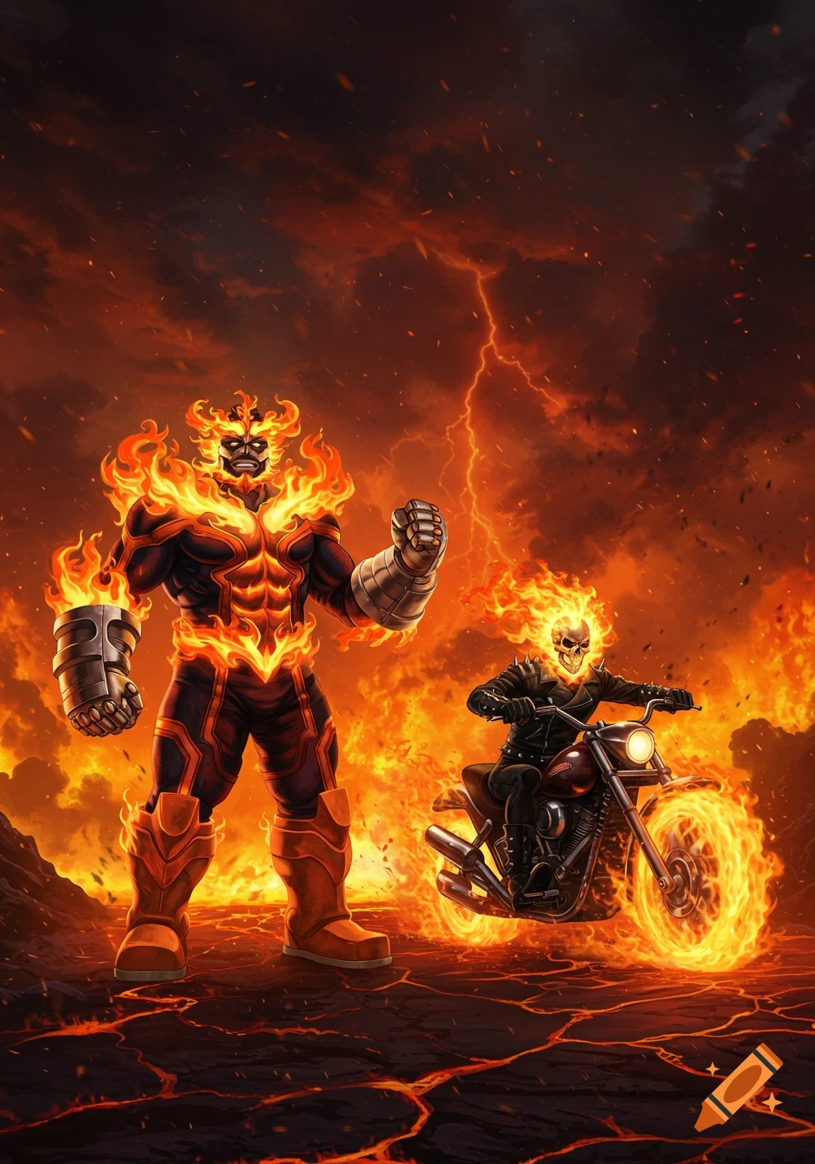 Red-skinned devil with horns and a tail riding a flaming motorcycle on ...