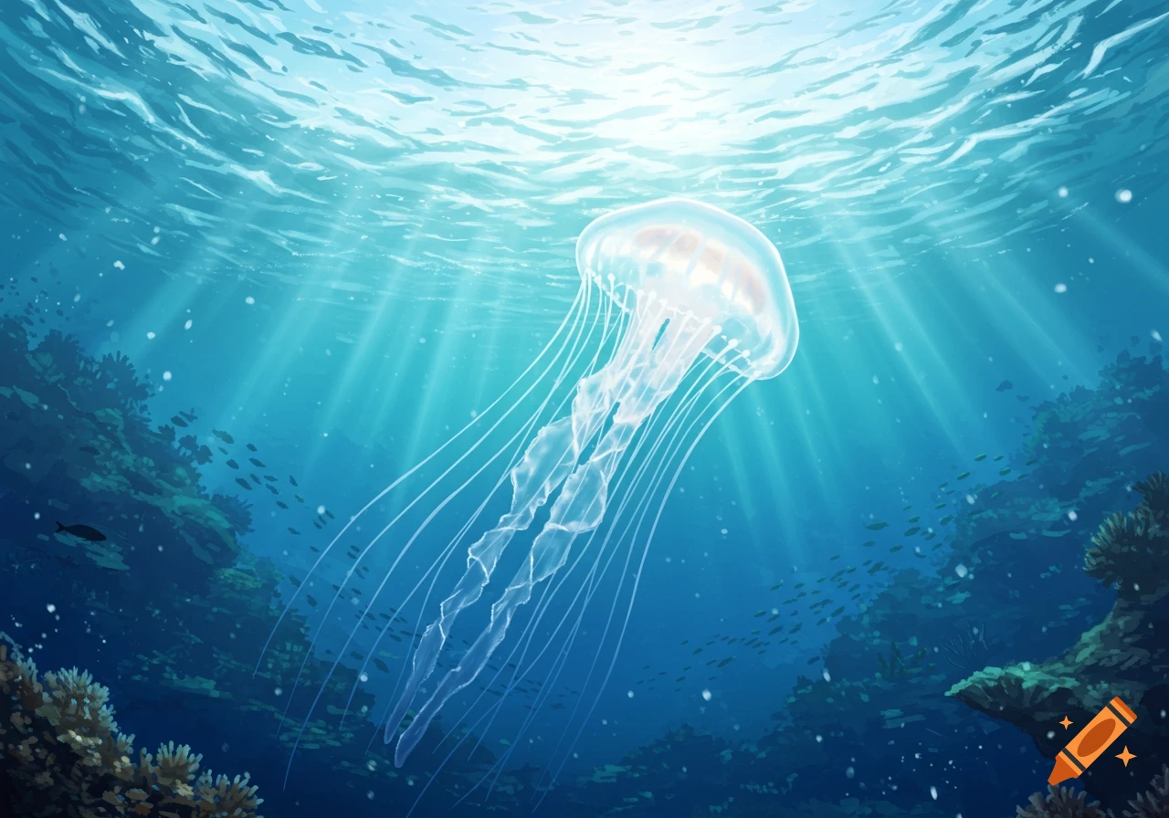 A luminous jellyfish floats underwater with sun rays filtering from the ...