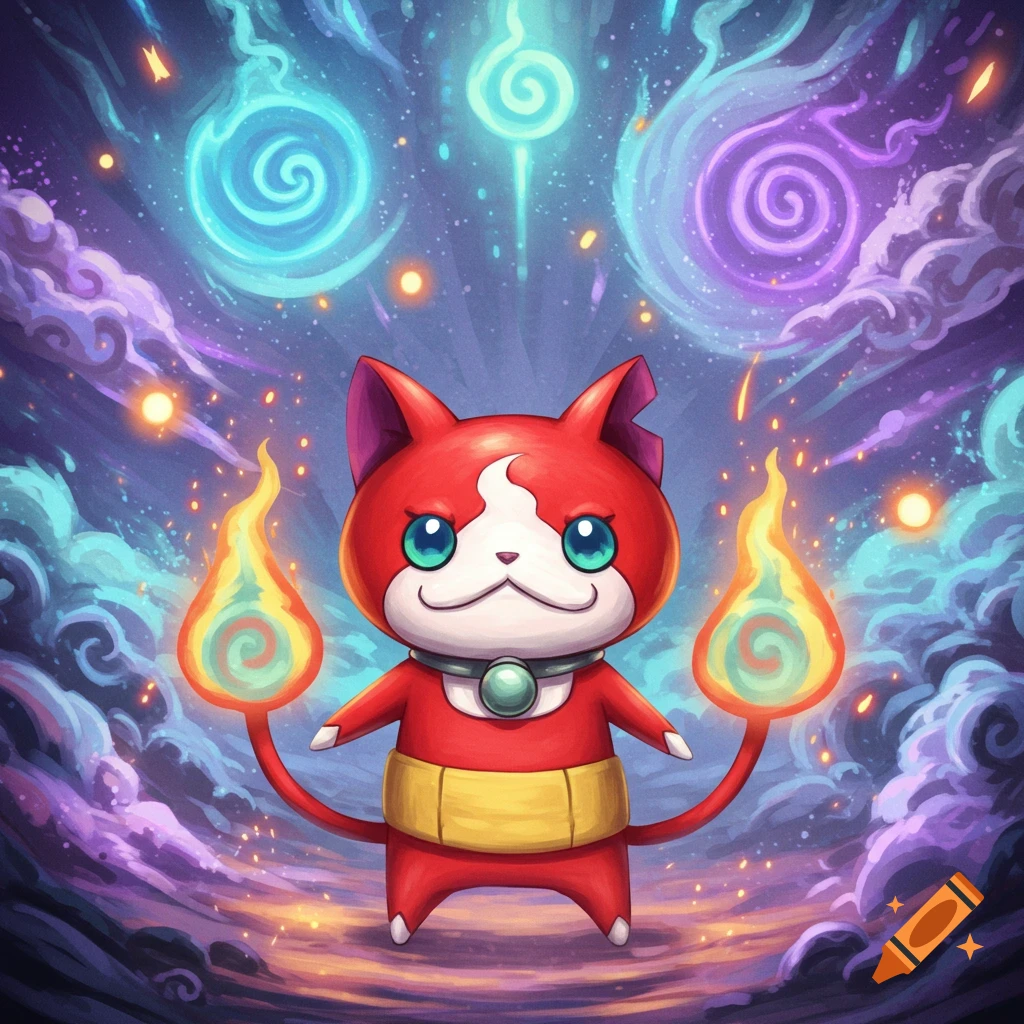 A vibrant cartoon of Jibanyan, a red and white cat-like yokai with fiery tails, against a ...