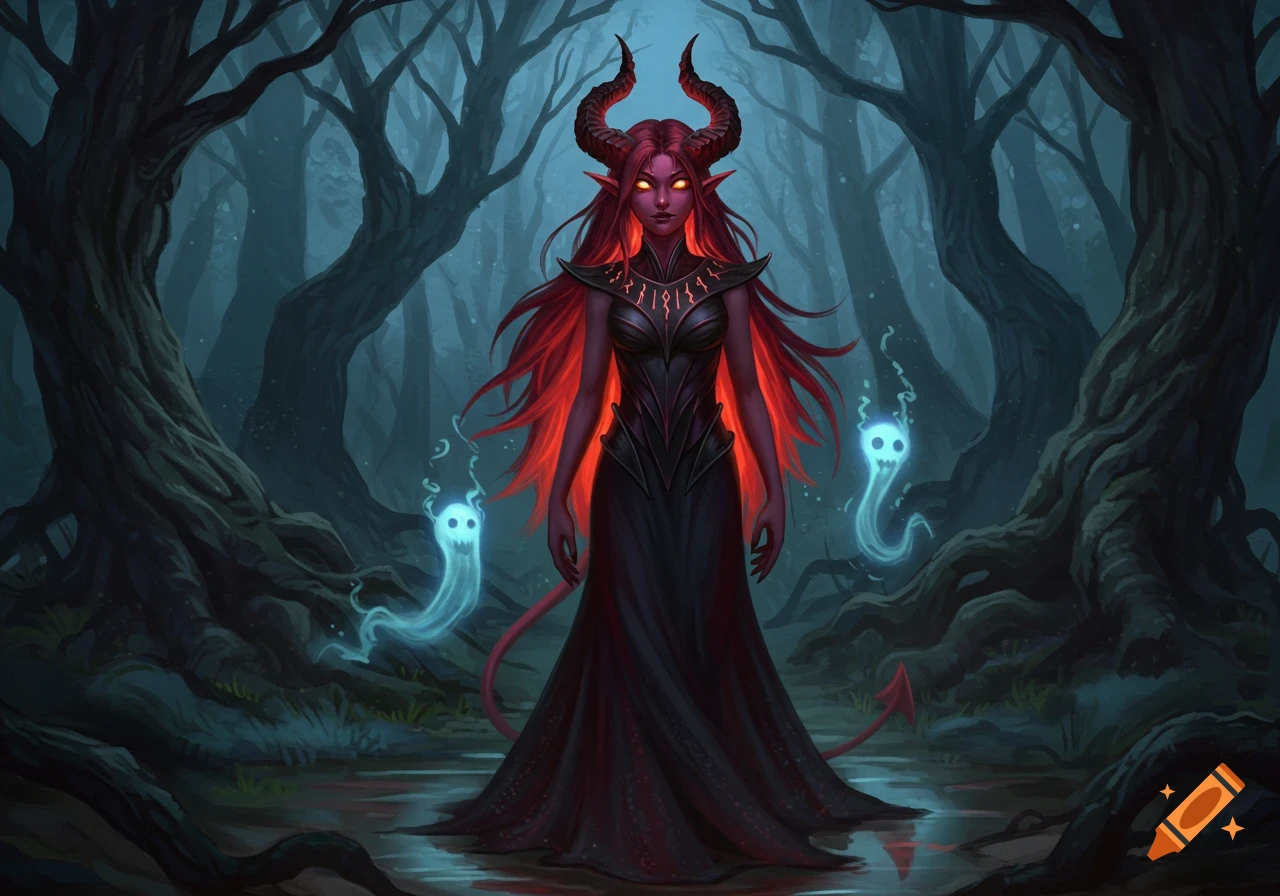 A red-haired demon girl with horns and glowing eyes stands in a dark ...