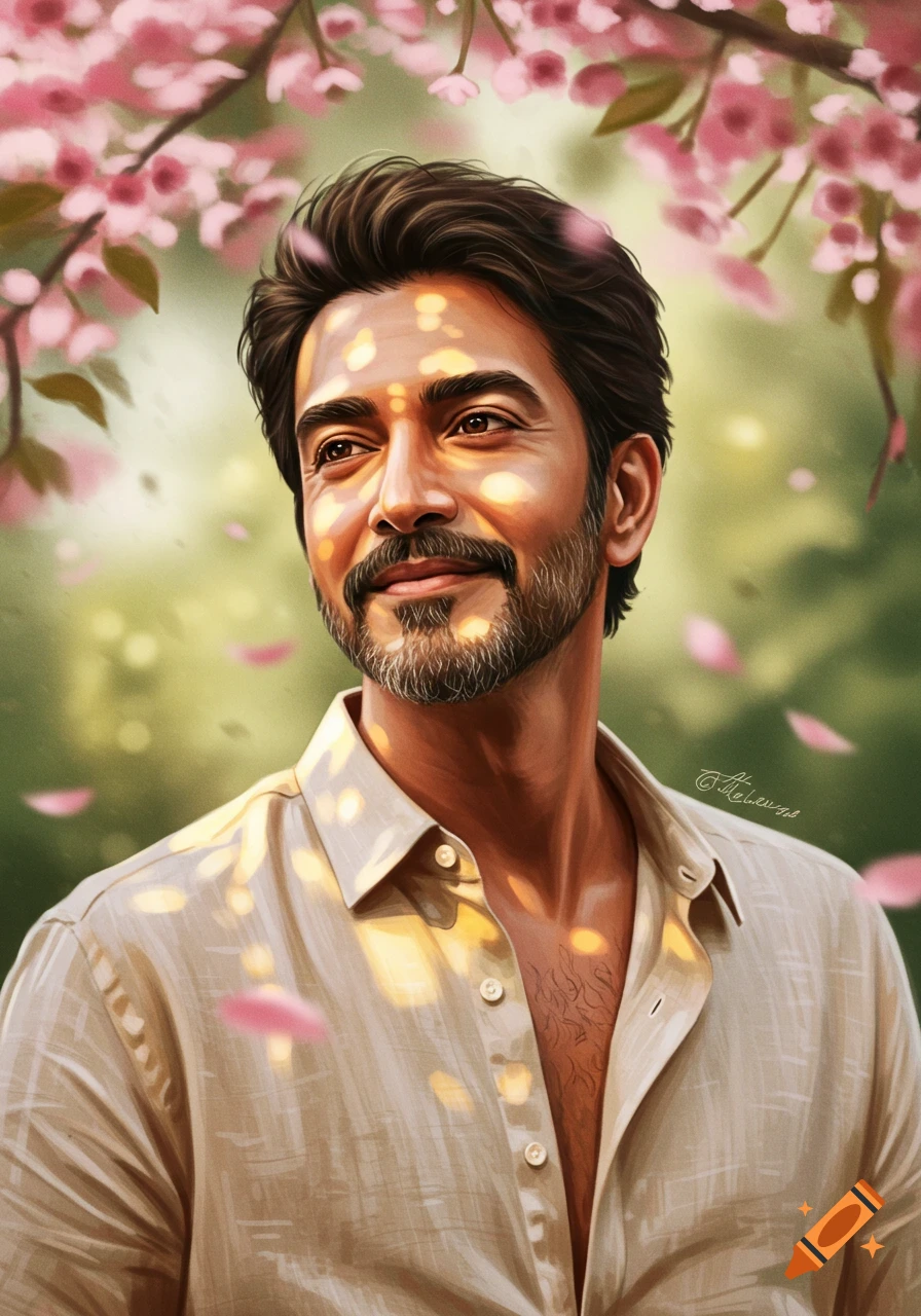 Digital painting of a smiling man with a beard, bathed in sunlight ...