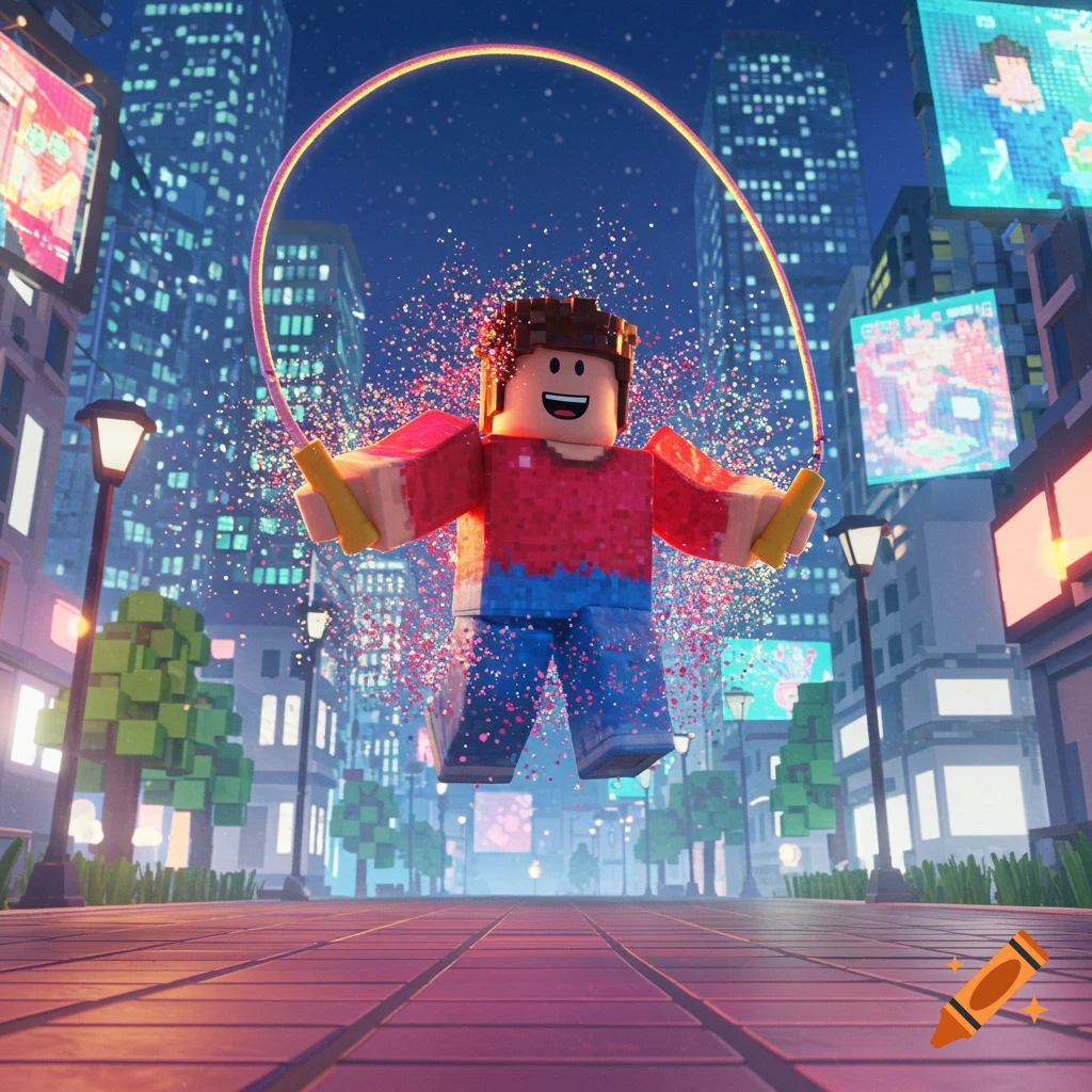A Roblox-style character jumps rope in a vibrant, pixelated city at ...
