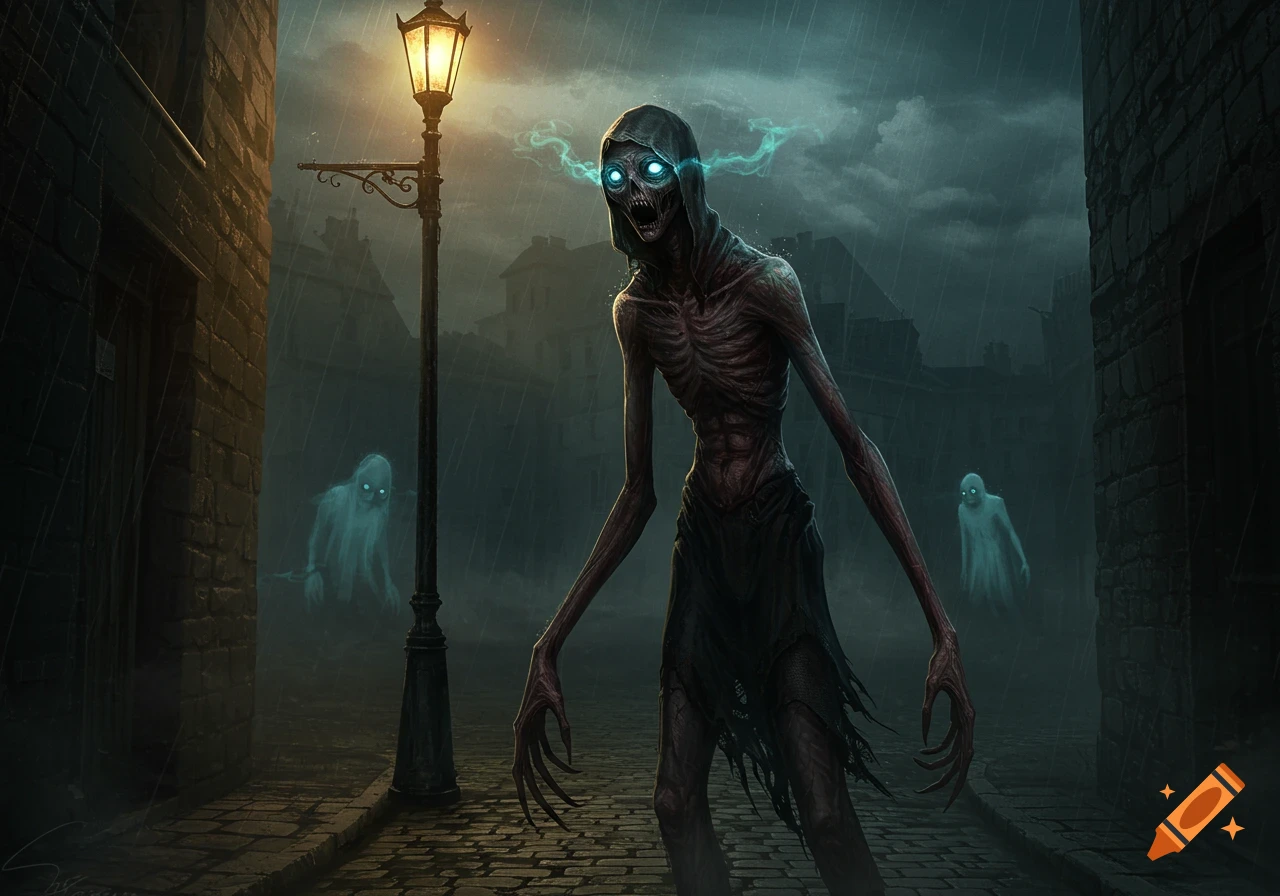 A skeletal, winged horror creature with glowing eyes and sharp teeth stands in a dark, candlelit ...