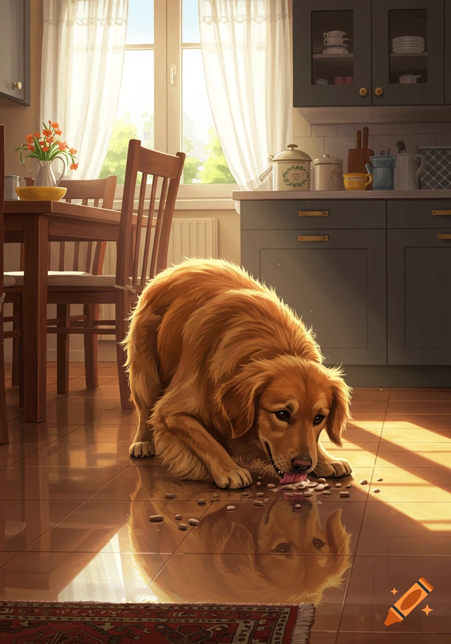 A golden retriever dog eats crumbs from a sunlit kitchen floor, with a ...