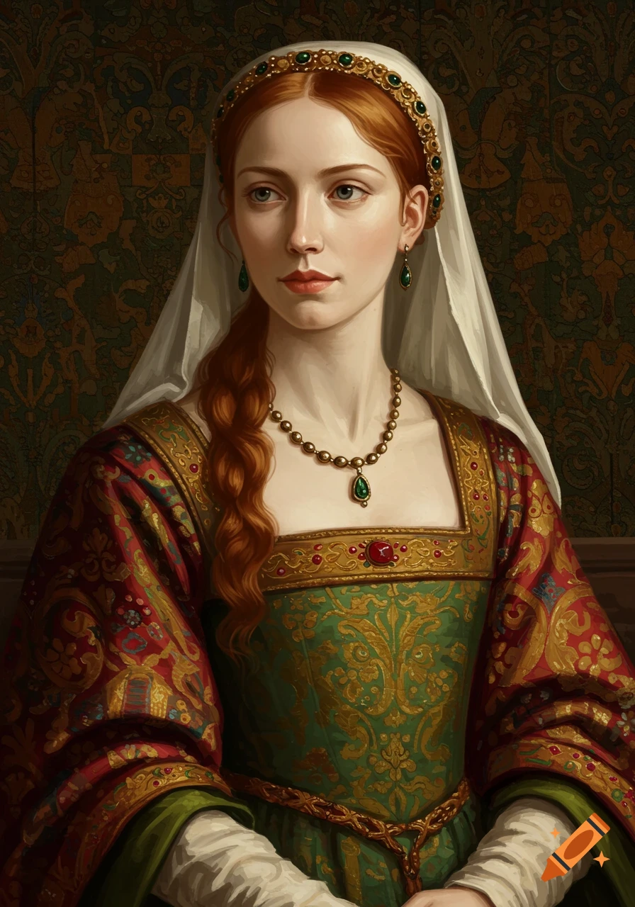 A detailed portrait painting of a red-haired woman in elaborate green ...