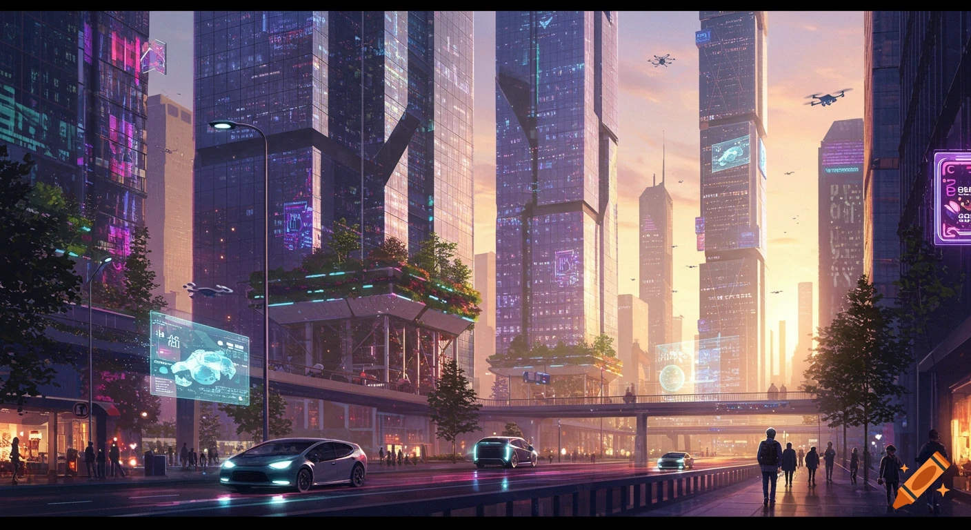 Futuristic city with flying silver cars soaring between towering ...