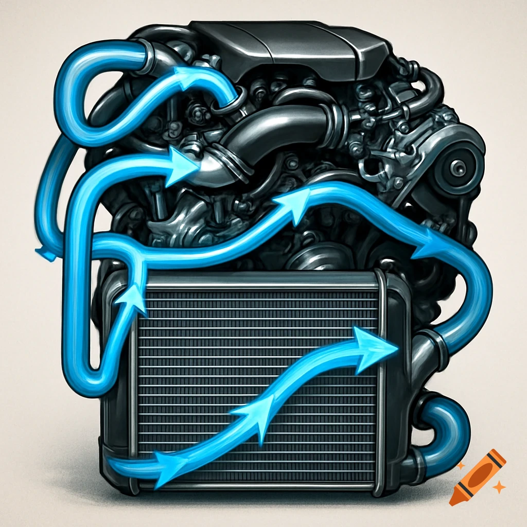 Detailed technical diagram illustrating a car engine's cooling system ...