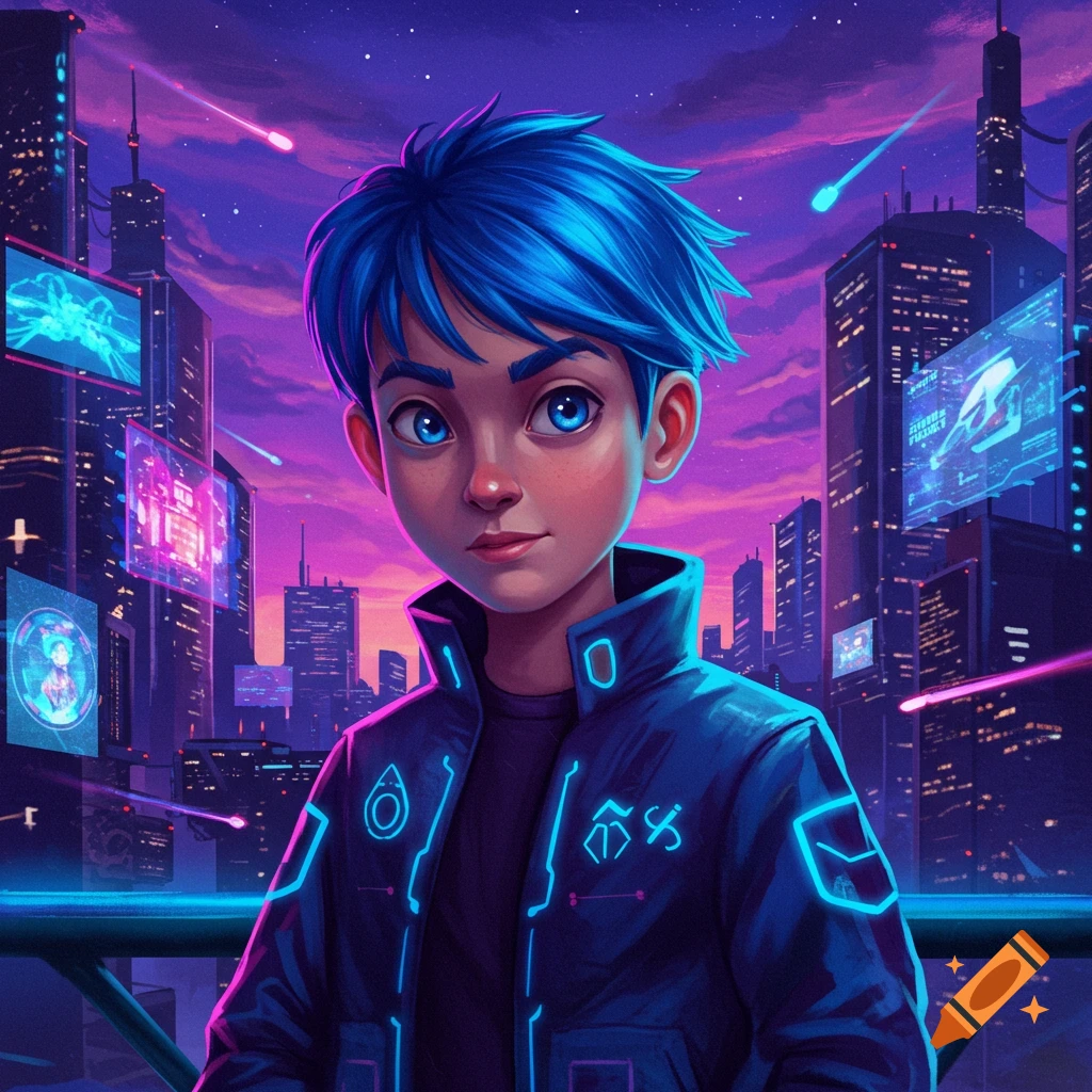 A blue-haired anime boy floats on a hoverboard with glowing tech in a ...