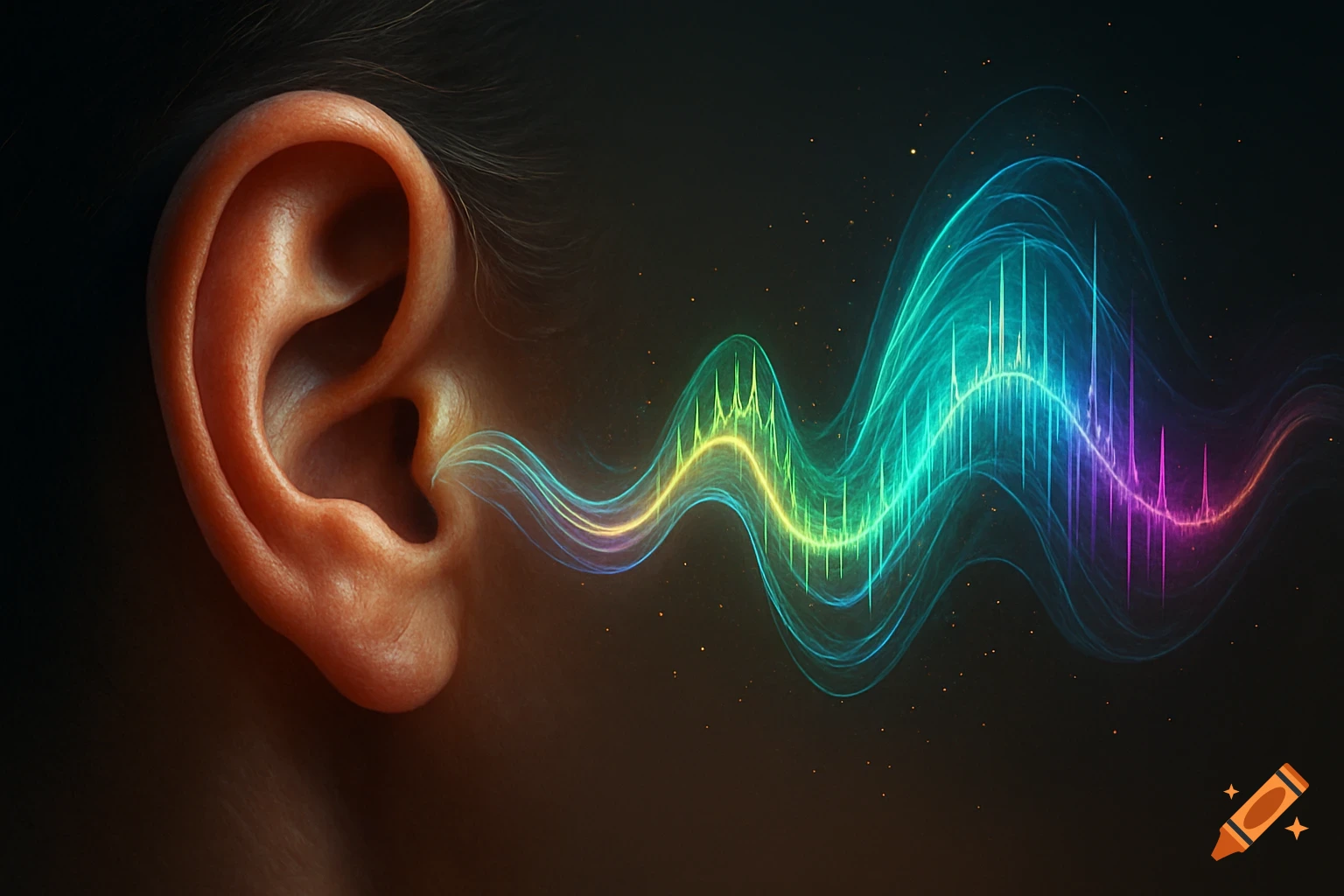 A detailed close-up of a human ear, with vibrant, colorful sound waves ...
