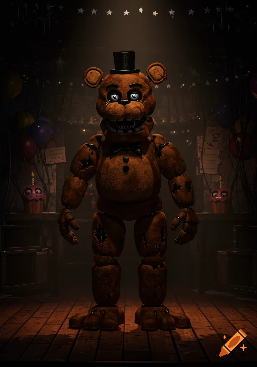 A realistic 3D render of Freddy Fazbear, a brown animatronic bear, in a ...