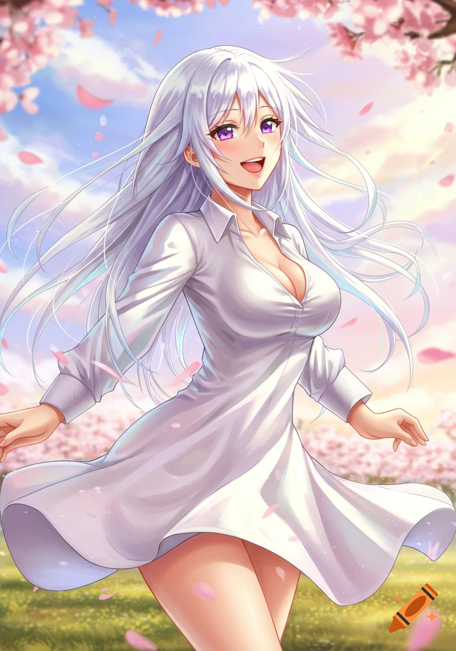 Anime young woman with long white hair, blue eyes, smiling and holding ...