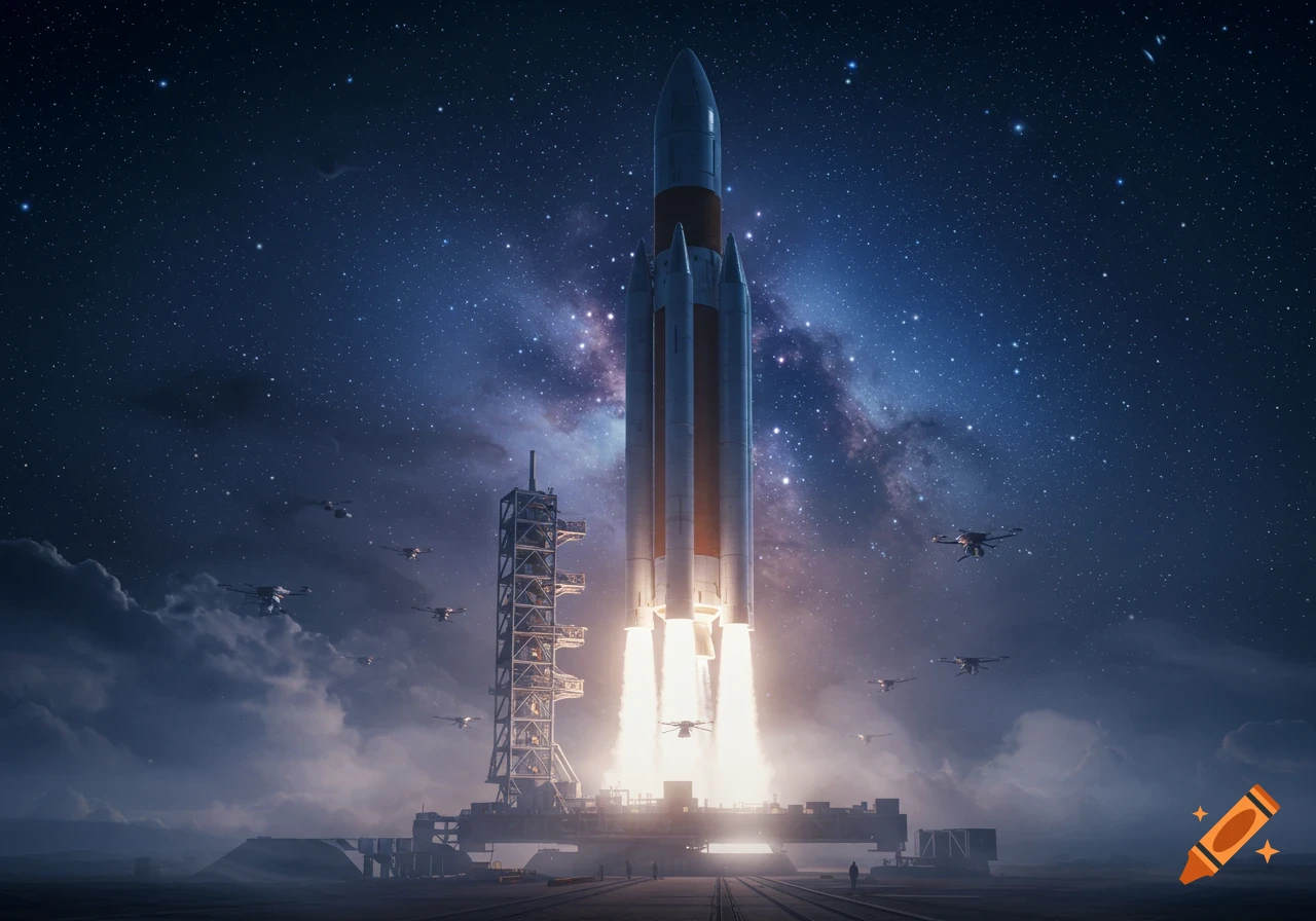 A photorealistic NASA space shuttle launches from a pad against a ...