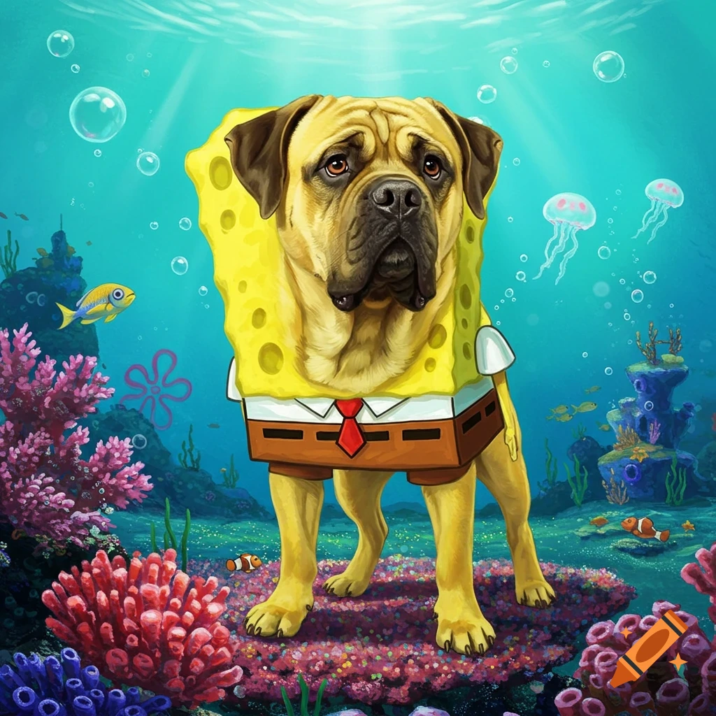 An illustrated mastiff dog dressed as Spongebob SquarePants stands on a ...