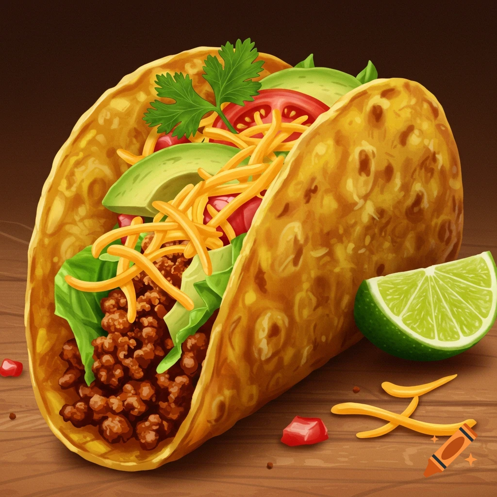 Stylized illustration of a beef taco with lettuce, avocado, cheese, and ...