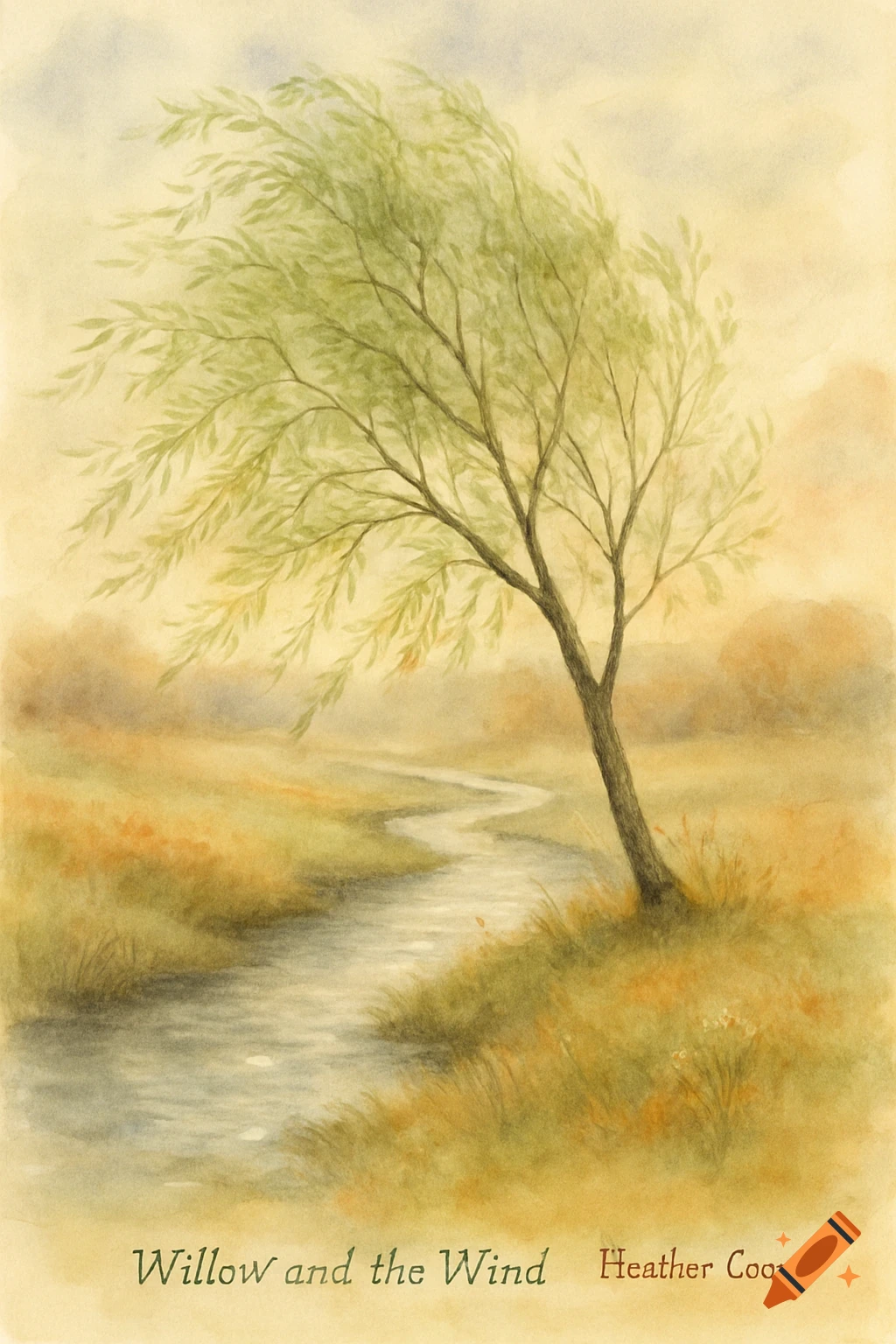 Watercolor painting of a willow tree beside a winding stream in a ...