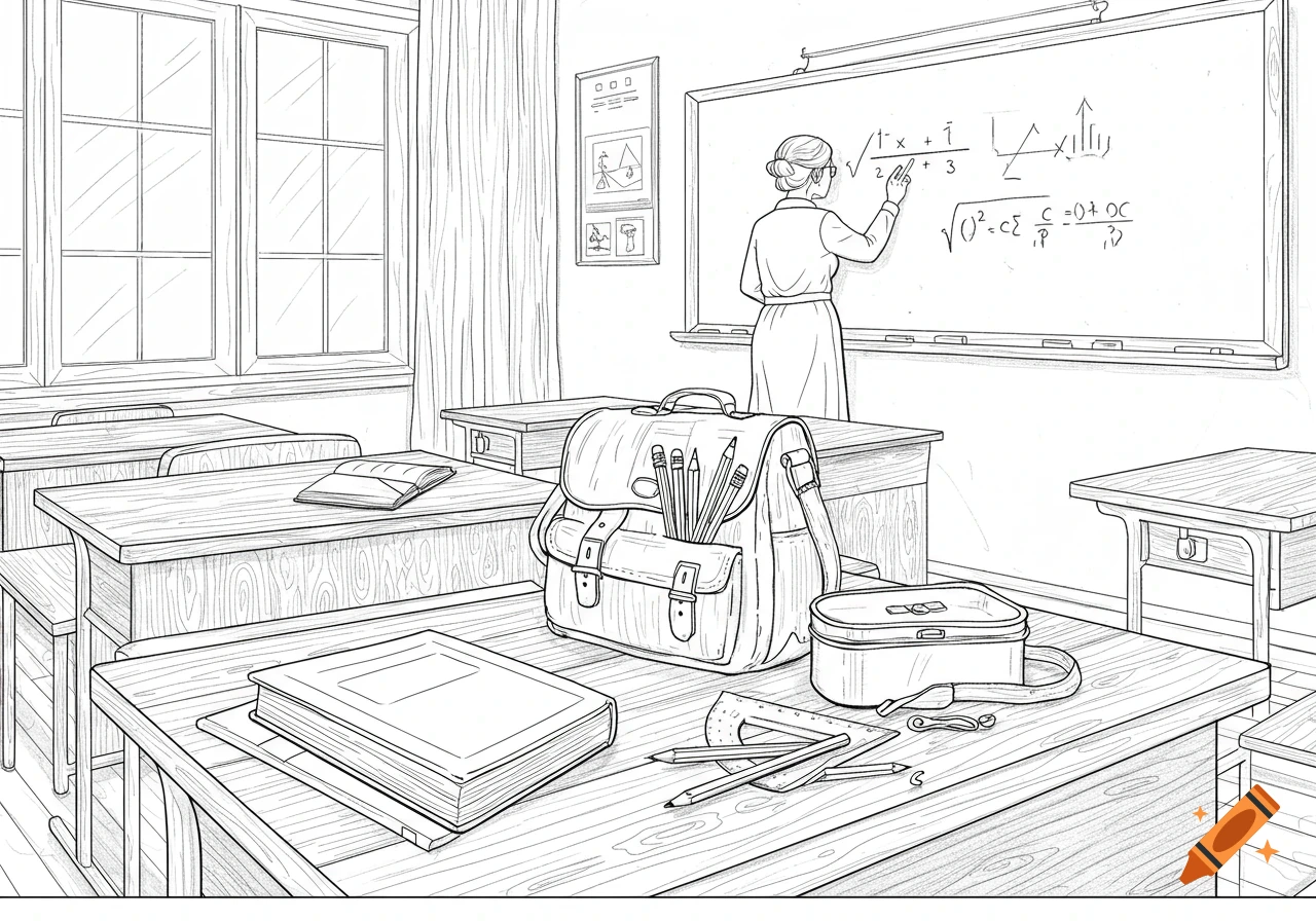 Black and white line drawing of a school desk chair with a backpack on ...