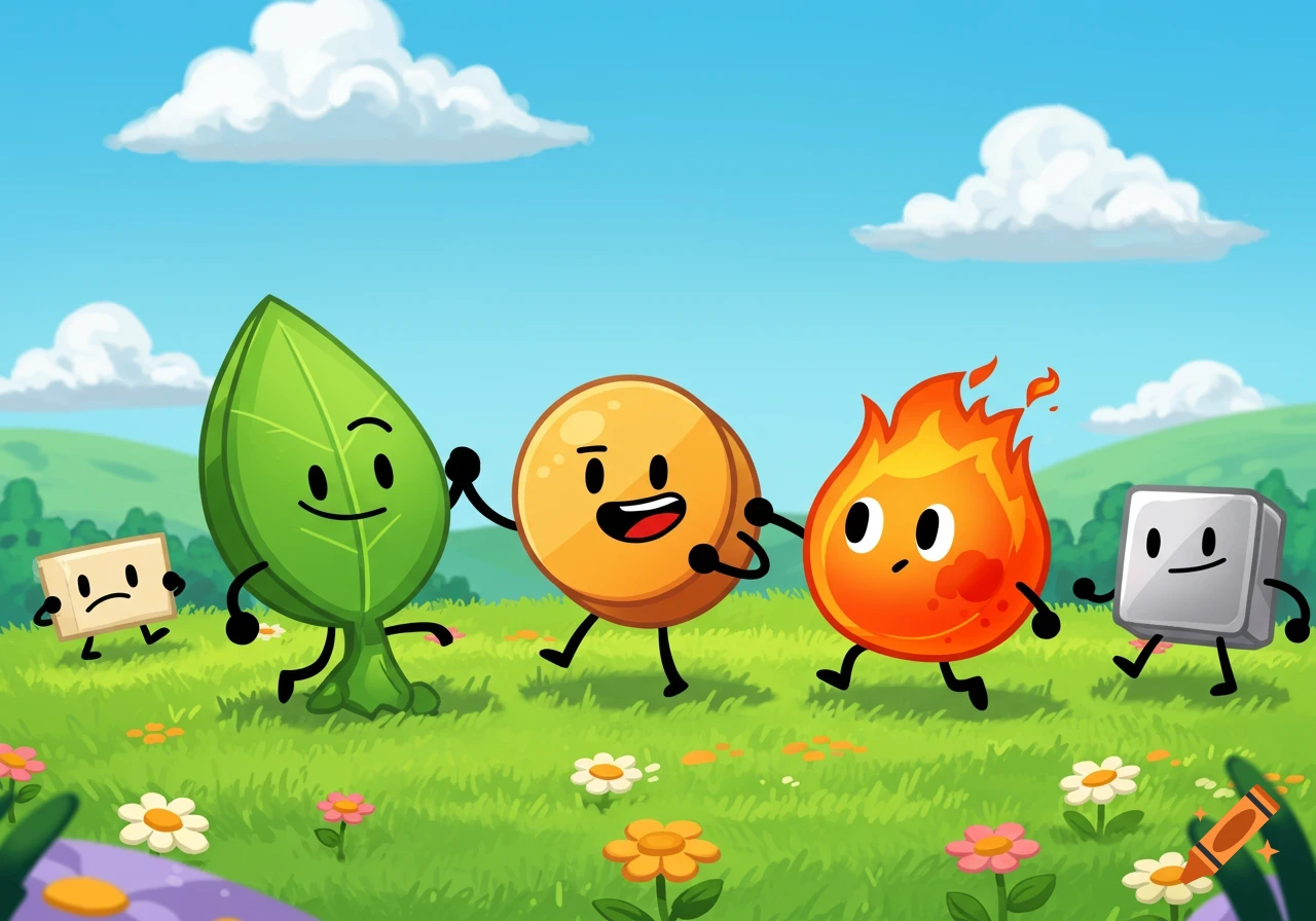 Four cartoon object characters, a leaf, a coin, fire, and a gray block ...