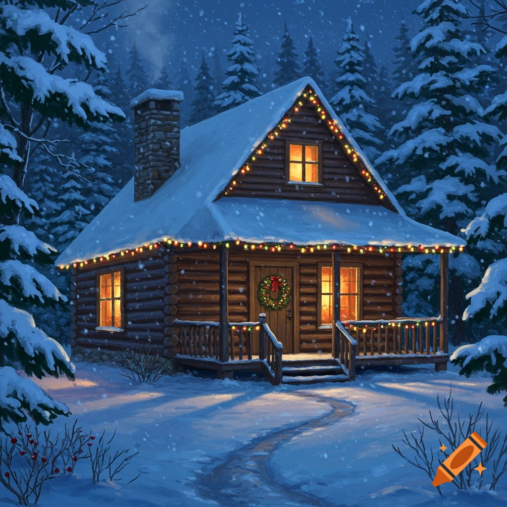 A cozy wooden cabin decorated with Christmas lights and wreaths ...