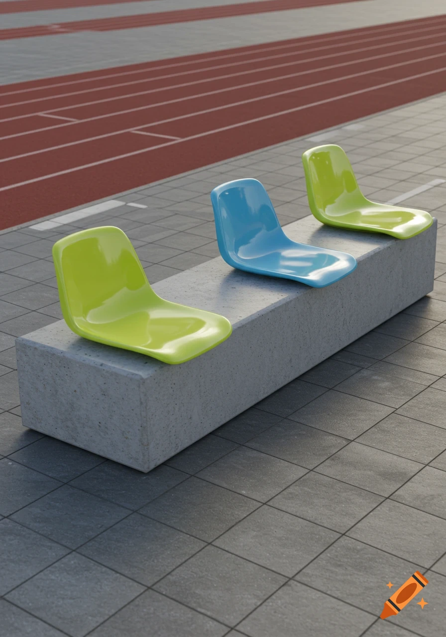 Three lime green and blue seats on a concrete block next to a red ...