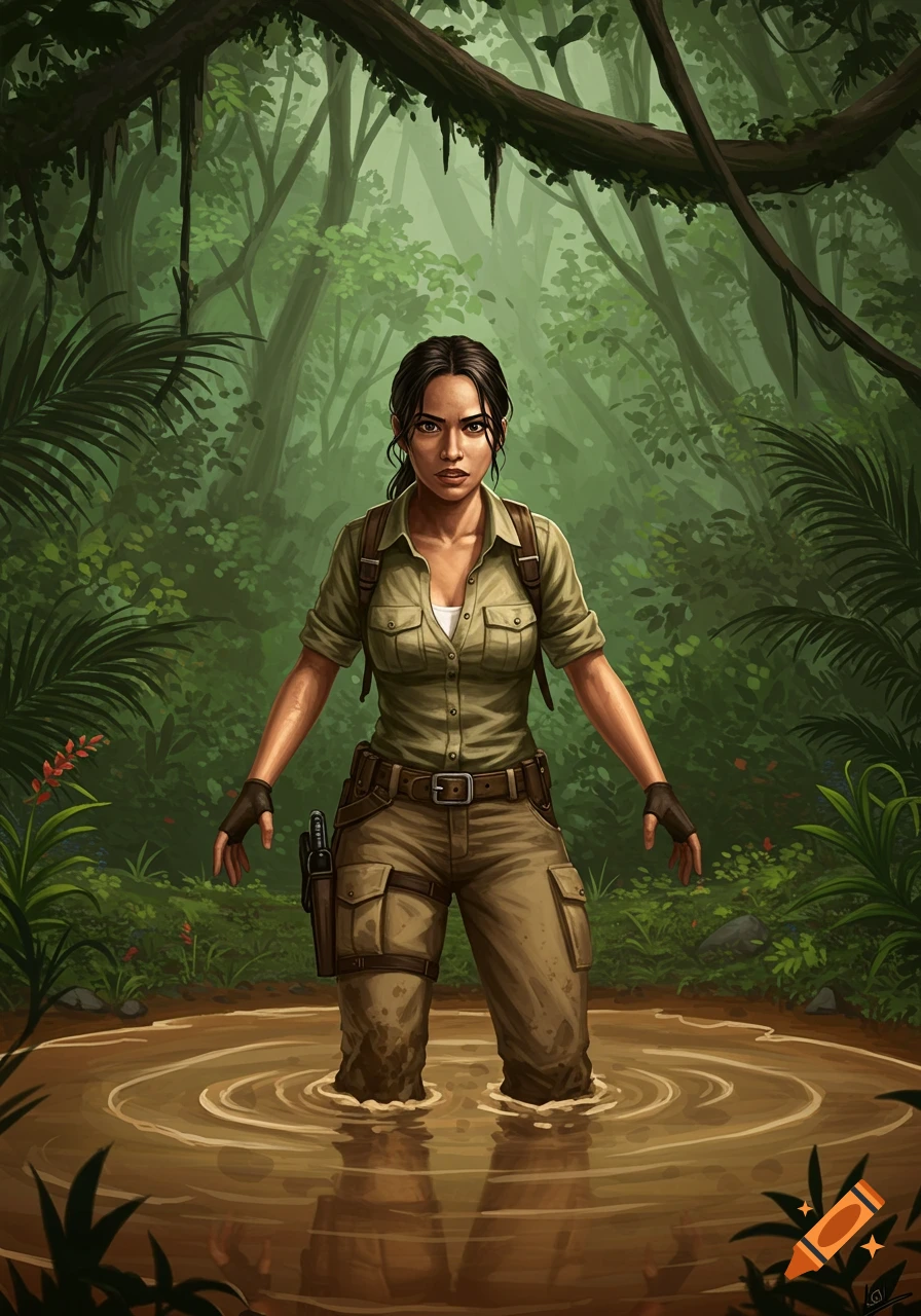 An illustrated woman explorer in a dense jungle, standing in muddy ...