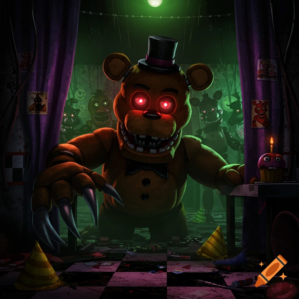 Freddy Fazbear with glowing red eyes and sharp claws stands menacingly ...