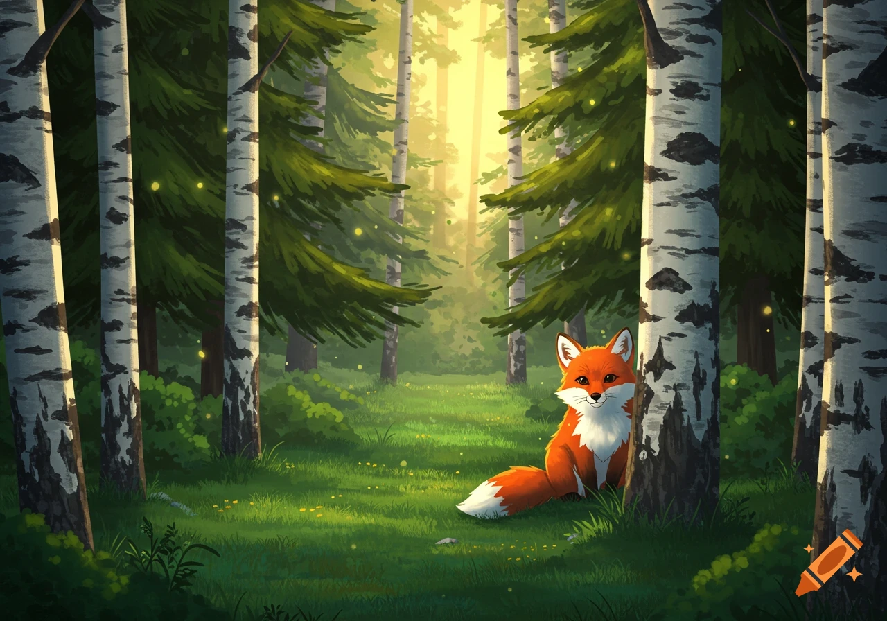 An anime-style illustration of a cute fox peering from behind a birch ...