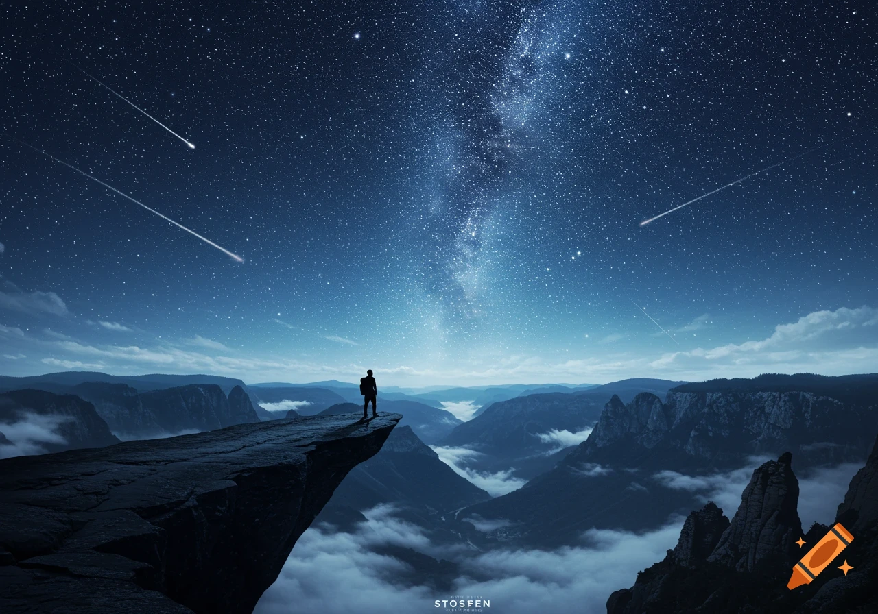 A lone person stands on a cliff edge overlooking a misty mountain ...