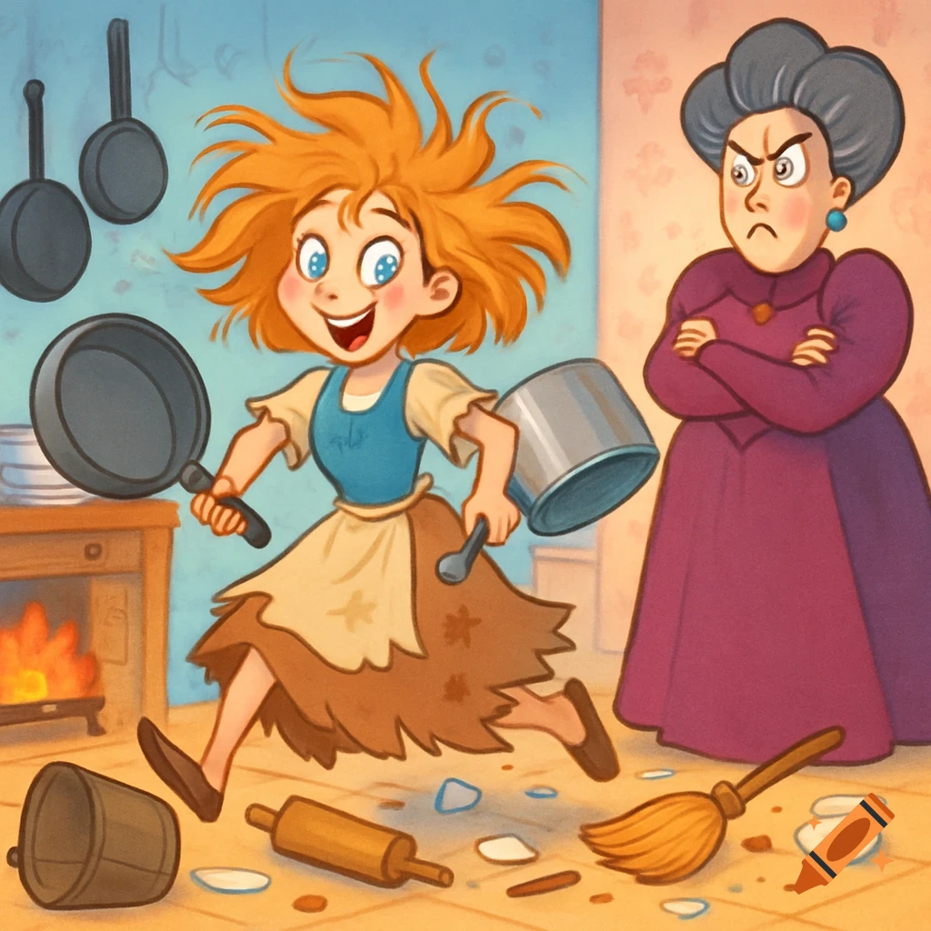 A cartoon Cinderella with wild orange hair runs through a messy kitchen ...
