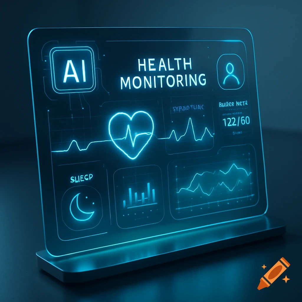 A futuristic, glowing blue holographic screen displays health ...