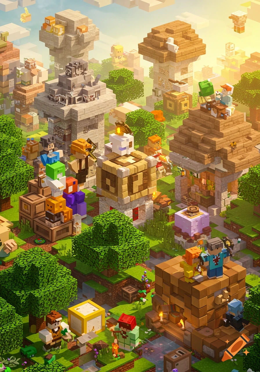 A large blocky stone statue of a Minecraft villager stands in a vibrant ...