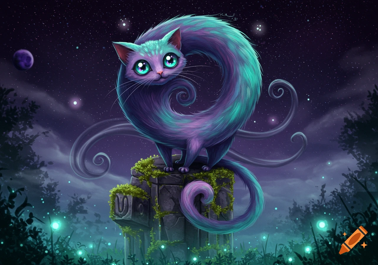 A cute, pink alien cat with large eyes and glowing spots stands on ...