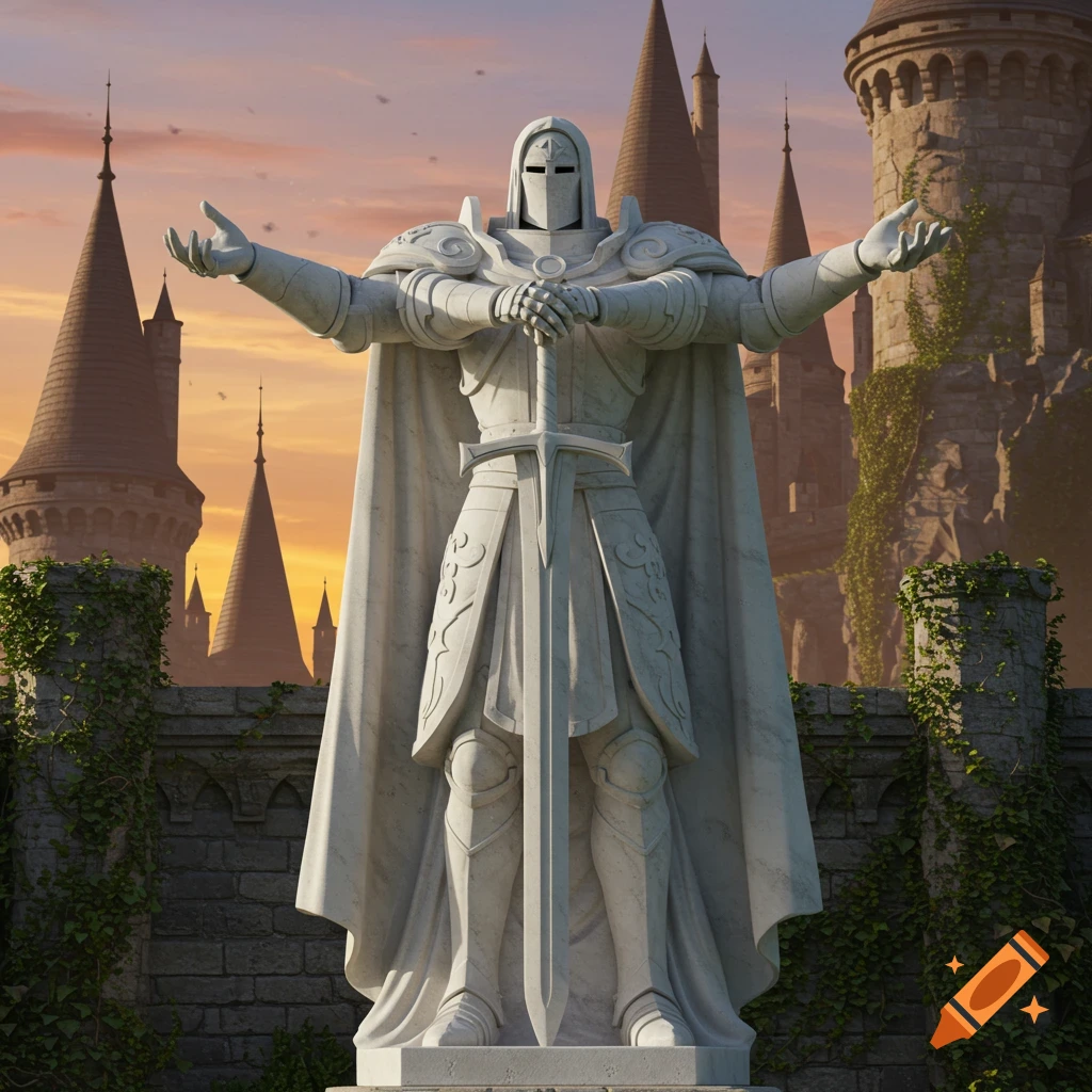 A grand white marble knight statue with a sword and cloak, arms ...