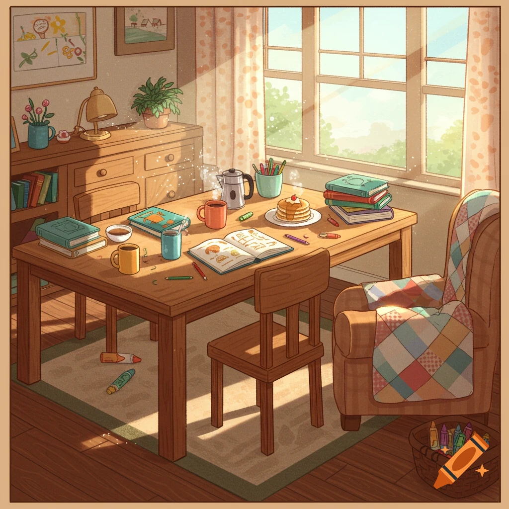 A sunlit, cozy room with a wooden table set for breakfast, surrounded ...