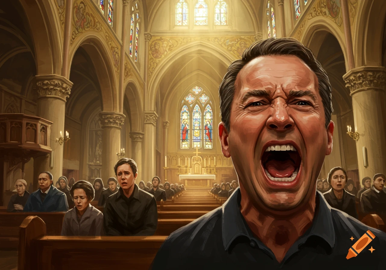 Illustrative depiction of a man screaming with his mouth wide open at a ...