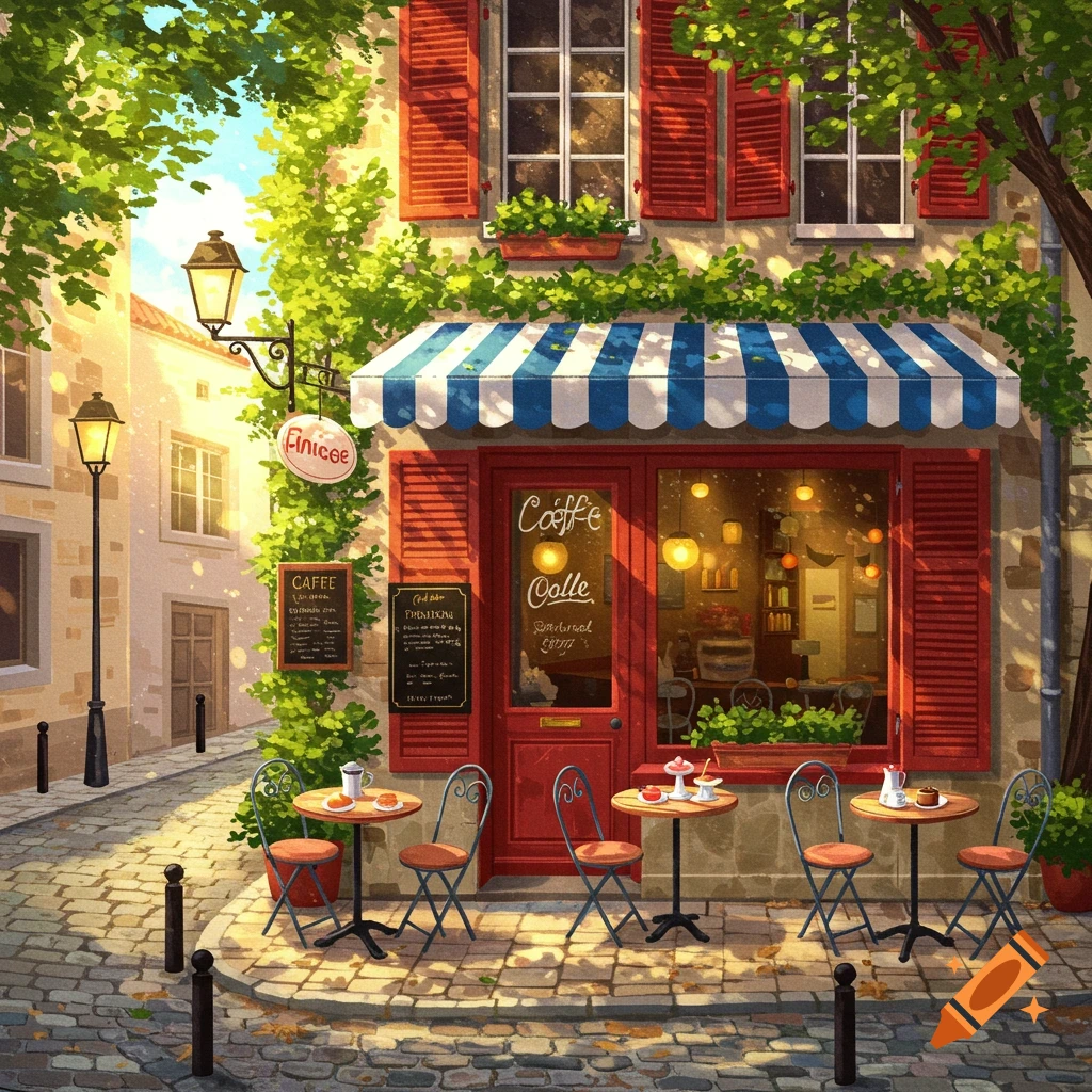 A charming, brightly lit cartoon-style cafe with a blue and white ...