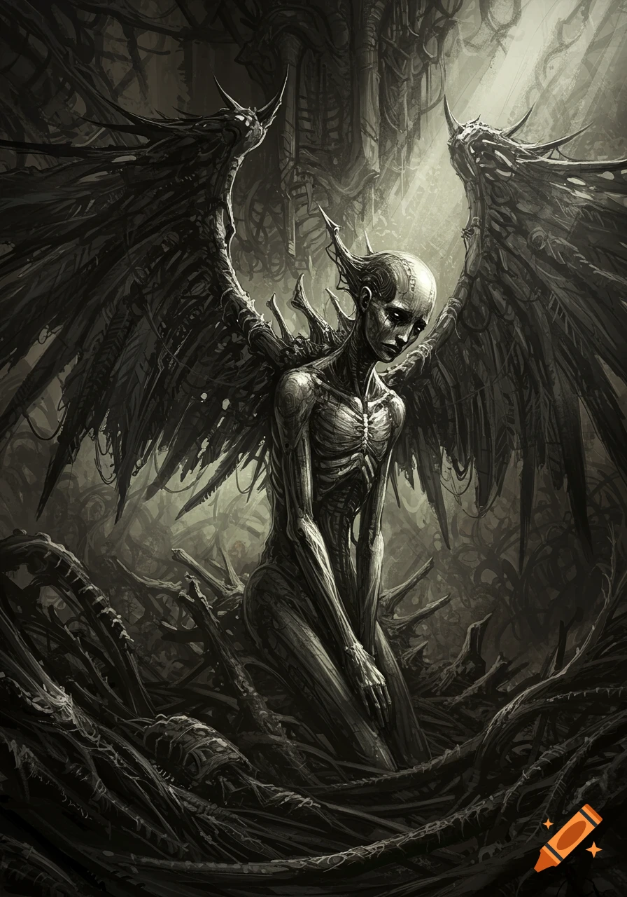A skeletal, dark-winged fallen angel with an elongated head sits amidst ...