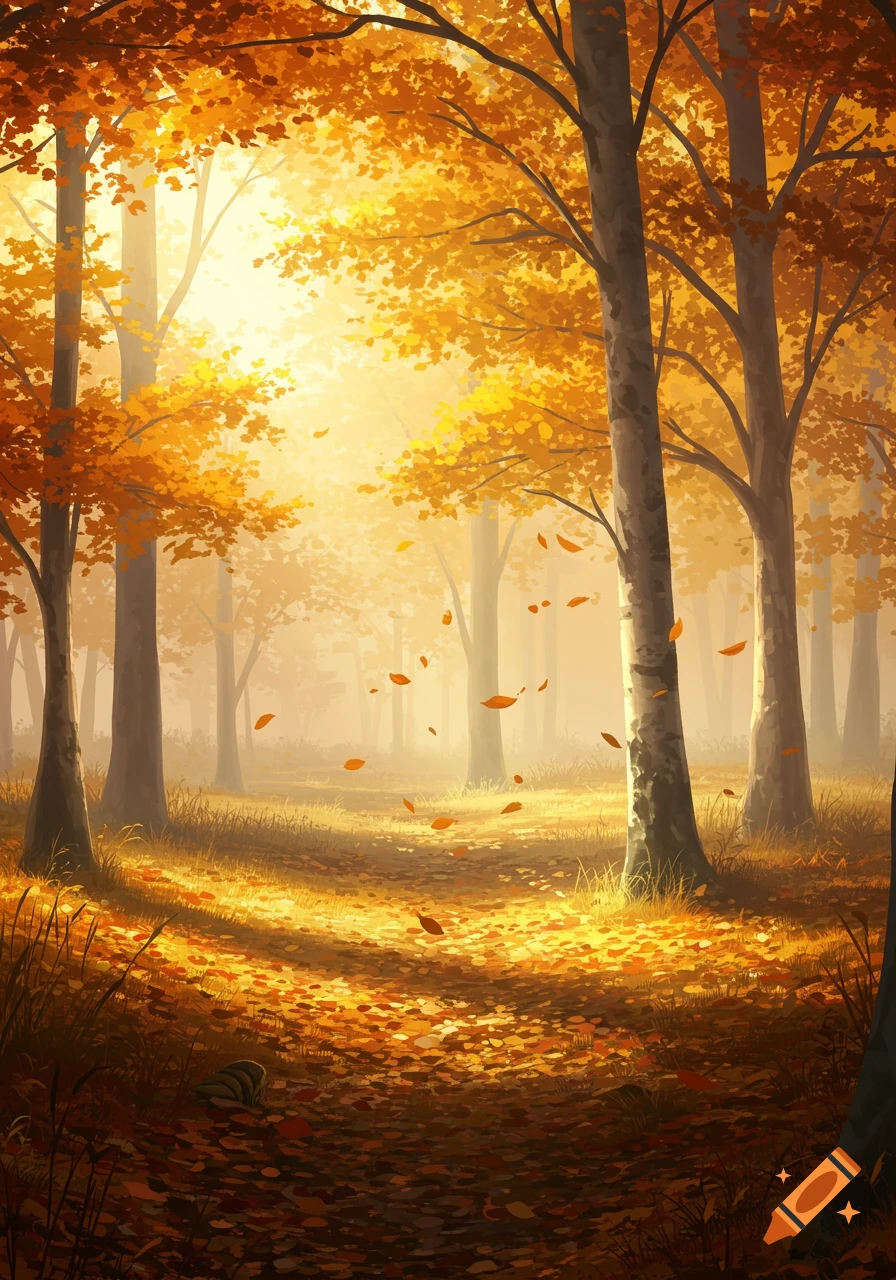 A vibrant, stylized autumn forest path leads into a golden sunset, with ...