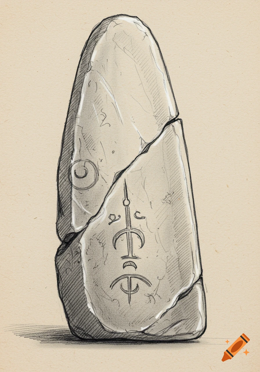A sketch of an ancient, broken stone slab adorned with mystical, runic ...