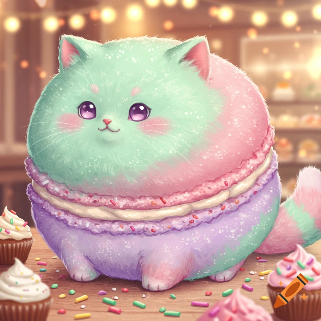 A cute, stylized dango skewer designed like a cat, with a green cat ...