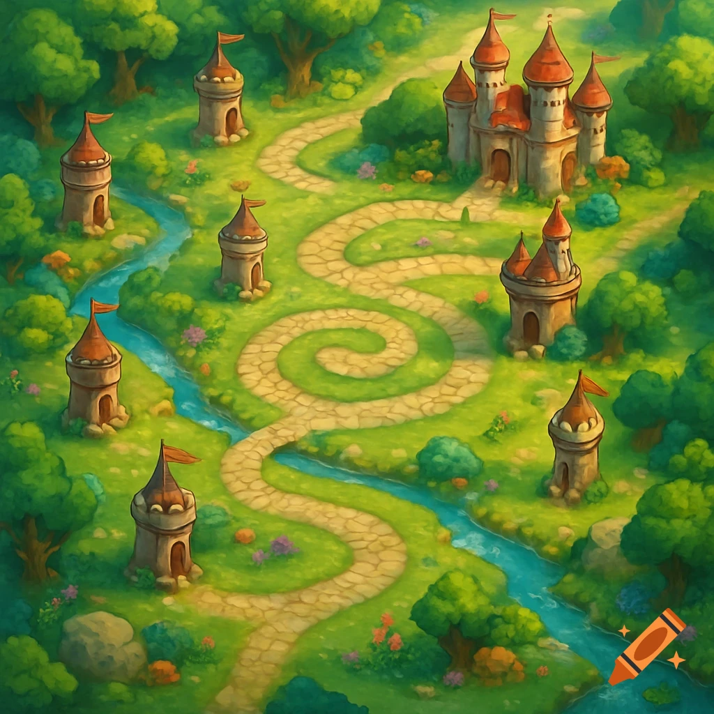Overhead view of a colorful 2D fantasy tower defense game map with a ...