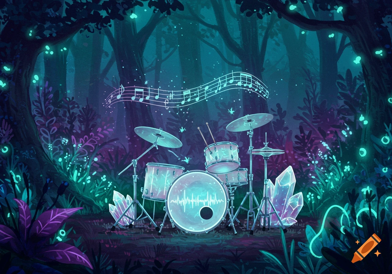 Glowing drum set in a dark, magical forest with luminescent plants ...