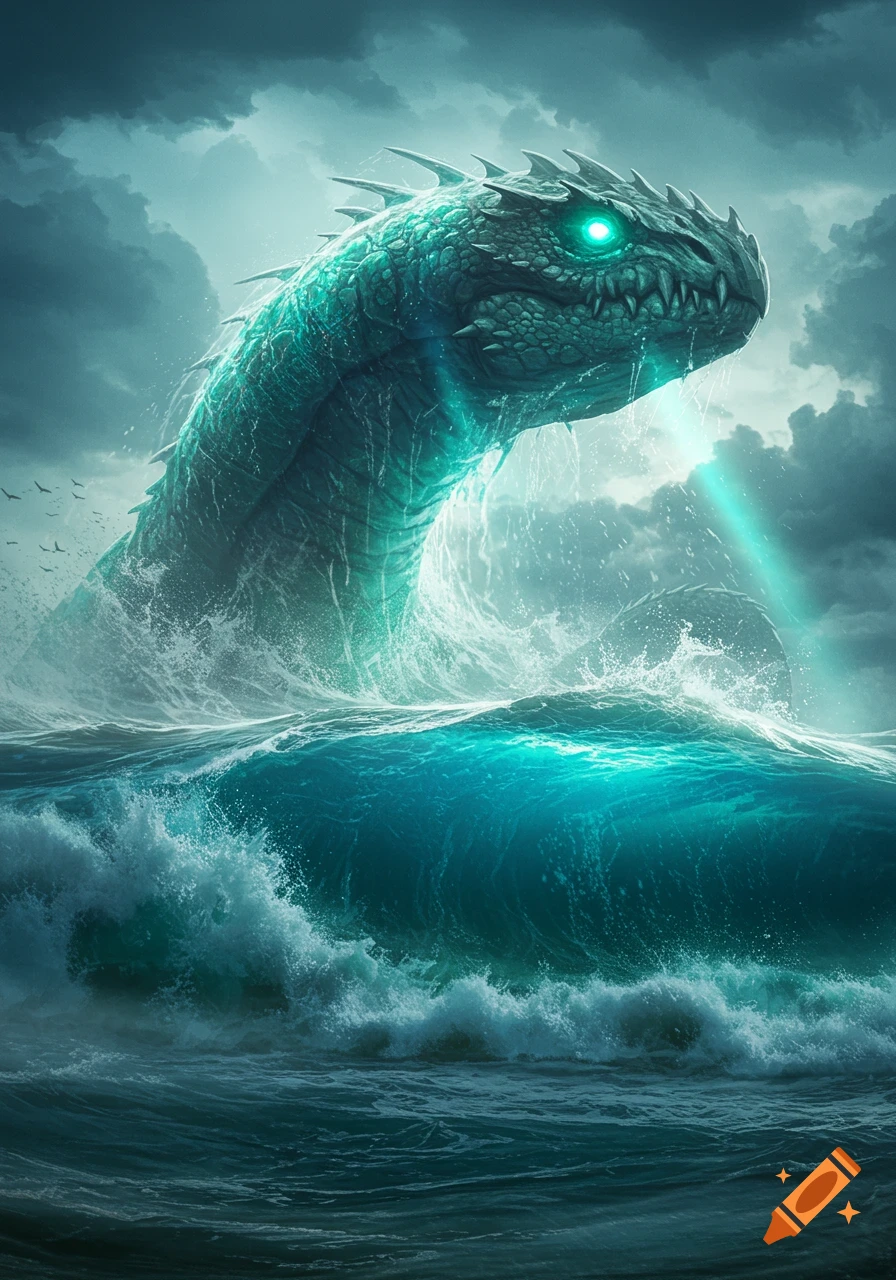 A giant, scaly sea monster with glowing eyes emerges from turbulent ...