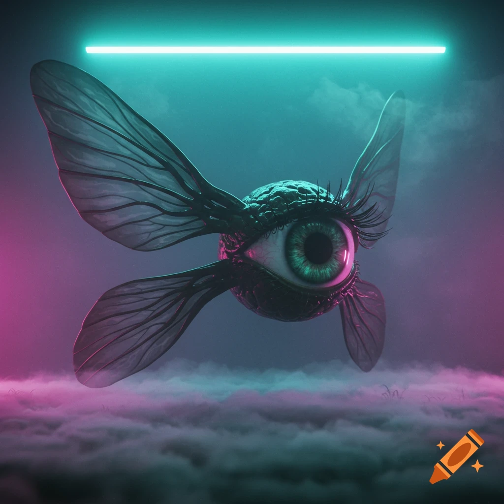 A surreal, detailed flying eye with insect-like wings and long ...