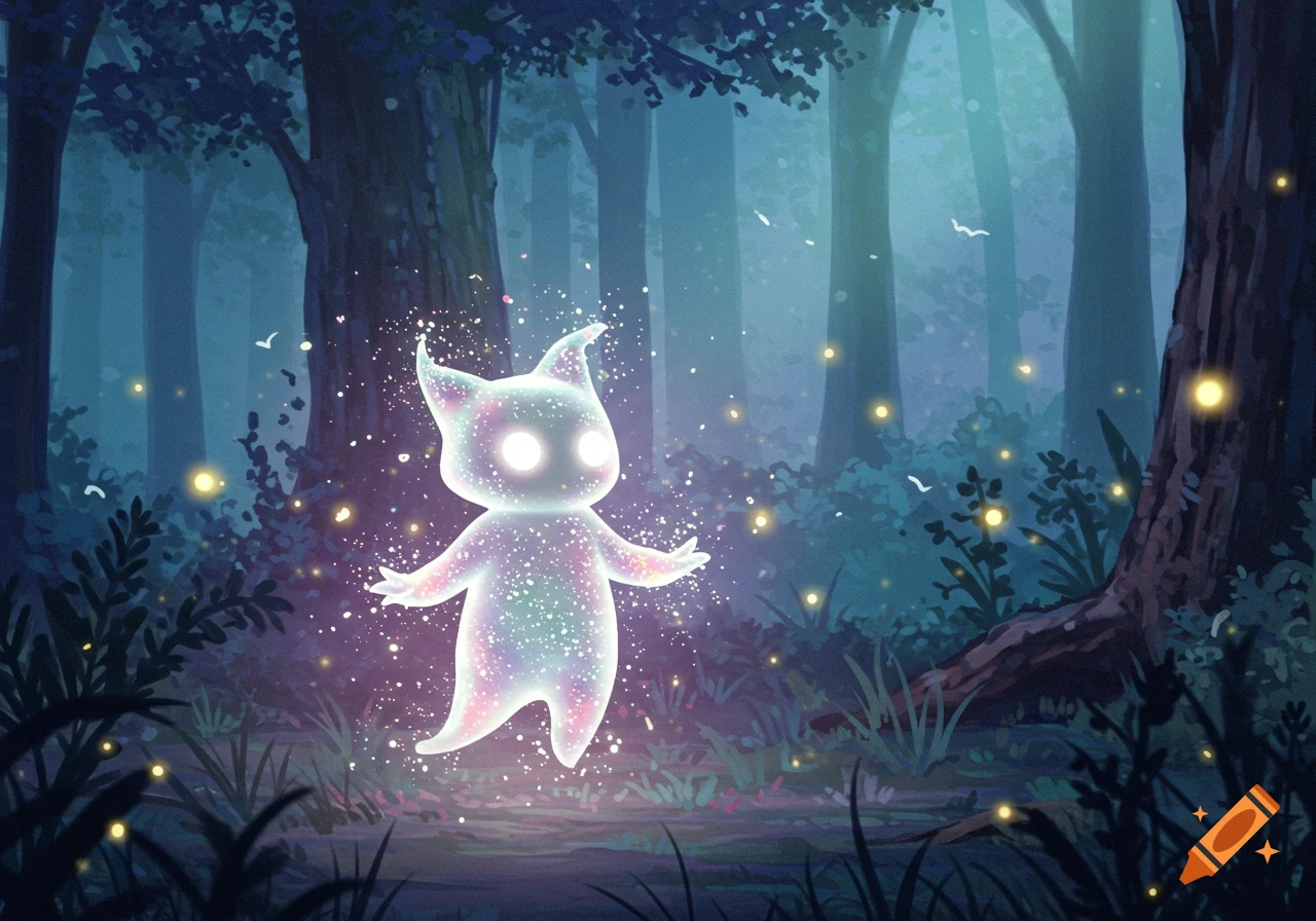 A luminous, cartoon-like creature with glowing eyes and pointed ears ...